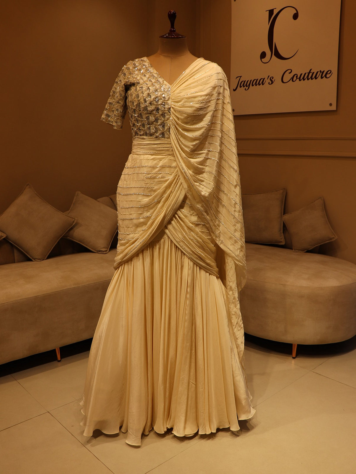Pearl white drape gown – JAYAA'S COUTURE