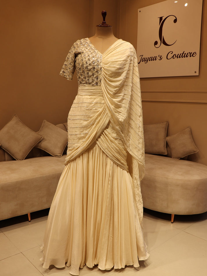 Pearl white drape gown – JAYAA'S COUTURE