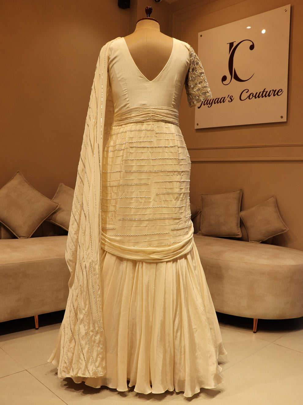 Pearl white drape gown – JAYAA'S COUTURE